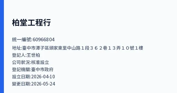柏堂工程行的照片-統編 60966804(臺中市) 公司登記資料與營業項目詳細圖表