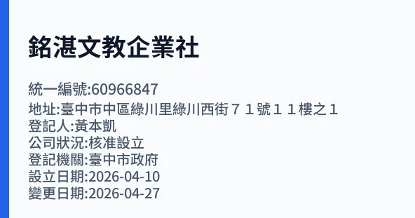 銘湛文教企業社的照片-統編 60966847(臺中市) 公司登記資料與營業項目詳細圖表