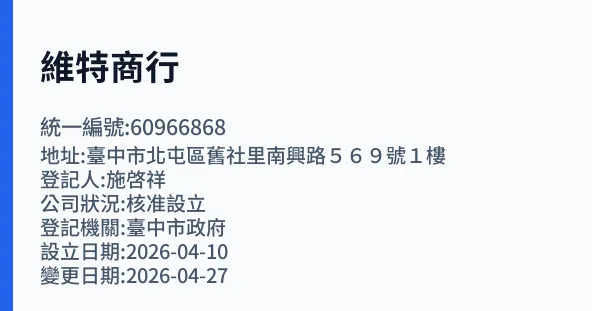 維特商行的照片-統編 60966868(臺中市) 公司登記資料與營業項目詳細圖表