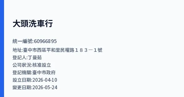 大頭洗車行的照片-統編 60966895(臺中市) 公司登記資料與營業項目詳細圖表