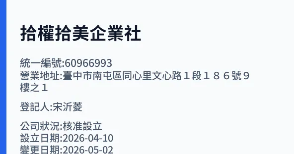 拾權拾美企業社的照片-統編 60966993(臺中市) 公司登記資料與營業項目詳細圖表