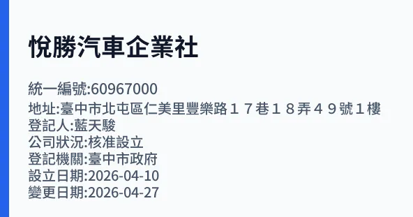 悅勝汽車企業社的照片-統編 60967000(臺中市) 公司登記資料與營業項目詳細圖表