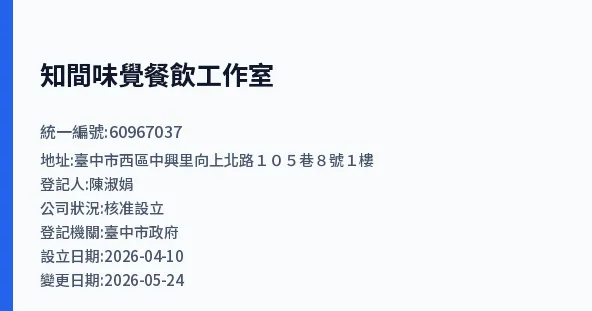 知間味覺餐飲工作室的照片-統編 60967037(臺中市) 公司登記資料與營業項目詳細圖表