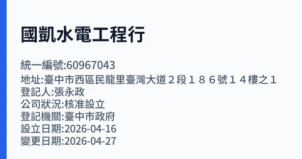 國凱水電工程行的照片-統編 60967043(臺中市) 公司登記資料與營業項目詳細圖表