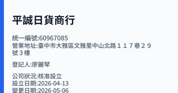 平誠日貨商行的照片-統編 60967085(臺中市) 公司登記資料與營業項目詳細圖表