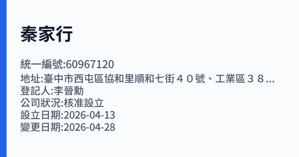 秦家行的照片-統編 60967120(臺中市) 公司登記資料與營業項目詳細圖表