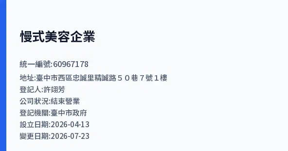 慢式美容企業的照片-統編 60967178 公司登記資料與營業項目詳細圖表