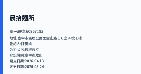 晨拾麵所的照片-統編 60967183(臺中市) 公司登記資料與營業項目詳細圖表