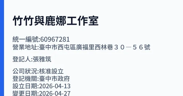 竹竹與鹿娜工作室的照片-統編 60967281(臺中市) 公司登記資料與營業項目詳細圖表