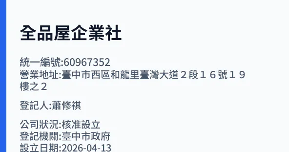 全品屋企業社的照片-統編 60967352(臺中市) 公司登記資料與營業項目詳細圖表