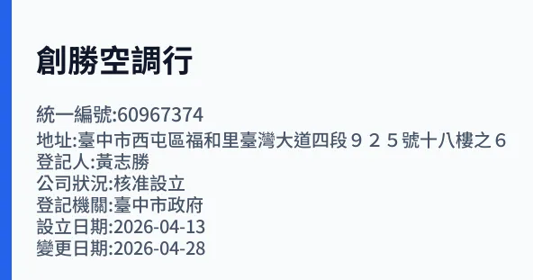 創勝空調行的照片-統編 60967374(臺中市) 公司登記資料與營業項目詳細圖表