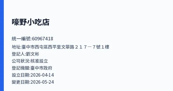 嚎野小吃店的照片-統編 60967418(臺中市) 公司登記資料與營業項目詳細圖表
