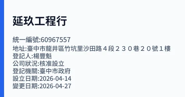 延玖工程行的照片-統編 60967557(臺中市) 公司登記資料與營業項目詳細圖表