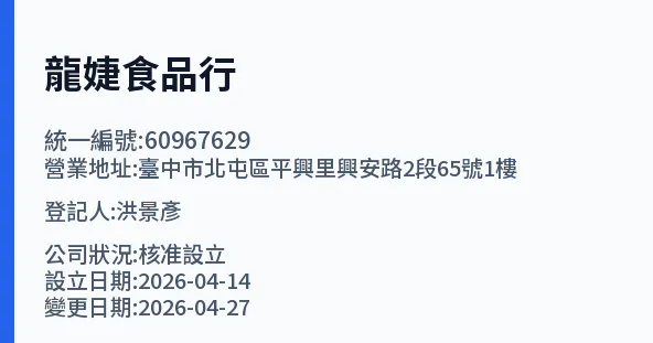 龍婕食品行的照片-統編 60967629(臺中市) 公司登記資料與營業項目詳細圖表