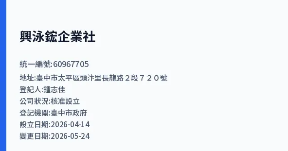 興泳鋐企業社的照片-統編 60967705(臺中市) 公司登記資料與營業項目詳細圖表
