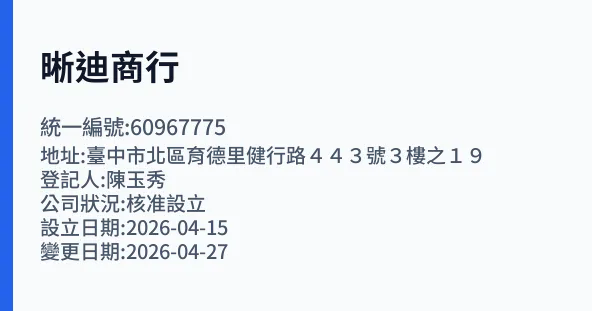 晰迪商行的照片-統編 60967775(臺中市) 公司登記資料與營業項目詳細圖表