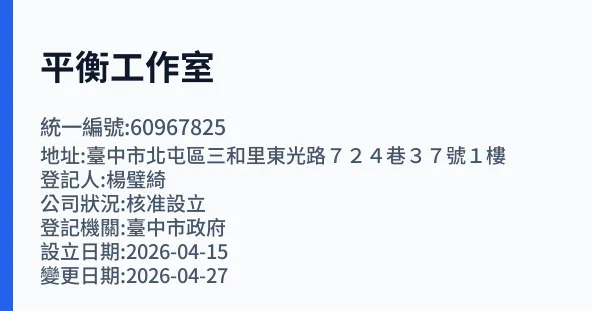 平衡工作室的照片-統編 60967825(臺中市) 公司登記資料與營業項目詳細圖表