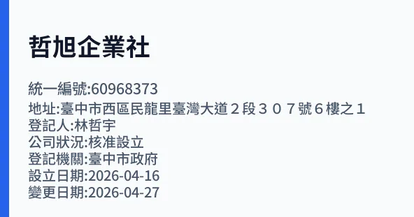 哲旭企業社的照片-統編 60968373(臺中市) 公司登記資料與營業項目詳細圖表