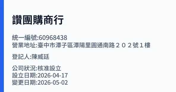讚團購商行的照片-統編 60968438(臺中市) 公司登記資料與營業項目詳細圖表