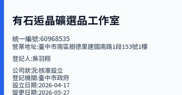 有石逅晶礦選品工作室的照片-統編 60968535 公司登記資料與營業項目詳細圖表