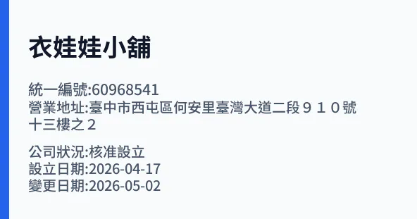 衣娃娃小舖的照片-統編 60968541(臺中市) 公司登記資料與營業項目詳細圖表