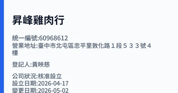 昇峰雞肉行的照片-統編 60968612(臺中市) 公司登記資料與營業項目詳細圖表