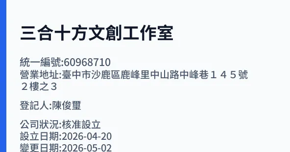 三合十方文創工作室的照片-統編 60968710(臺中市) 公司登記資料與營業項目詳細圖表