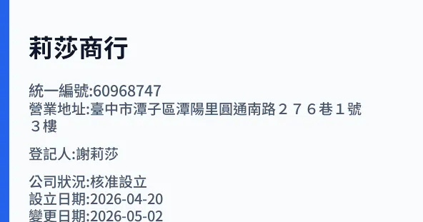 莉莎商行的照片-統編 60968747(臺中市) 公司登記資料與營業項目詳細圖表