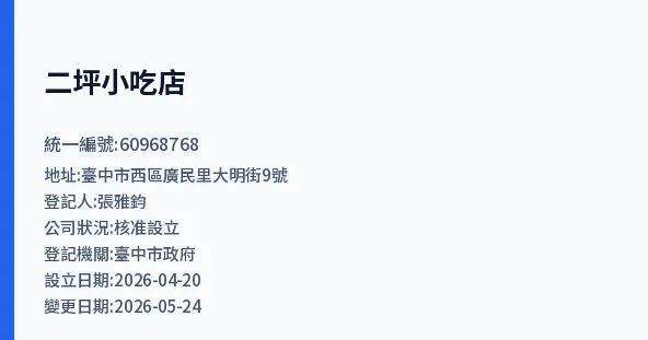 二坪小吃店的照片-統編 60968768(臺中市) 公司登記資料與營業項目詳細圖表