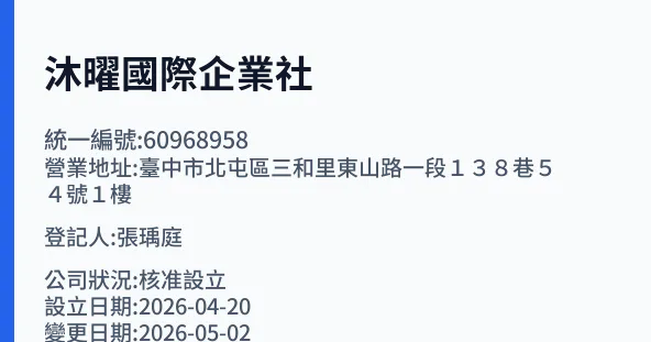 沐曜國際企業社的照片-統編 60968958(臺中市) 公司登記資料與營業項目詳細圖表