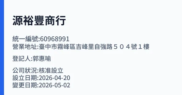 源裕豐商行的照片-統編 60968991(臺中市) 公司登記資料與營業項目詳細圖表