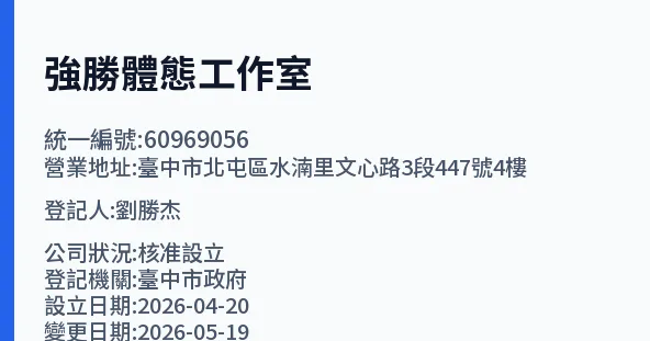 強勝體態工作室的照片-統編 60969056(臺中市) 公司登記資料與營業項目詳細圖表