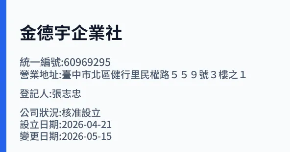 金德宇企業社的照片-統編 60969295(臺中市) 公司登記資料與營業項目詳細圖表