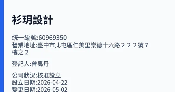 衫玥設計的照片-統編 60969350(臺中市) 公司登記資料與營業項目詳細圖表