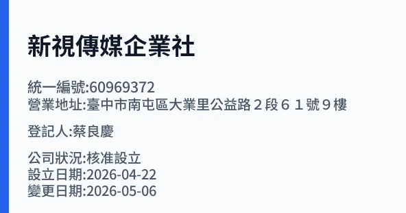 新視傳媒企業社的照片-統編 60969372(臺中市) 公司登記資料與營業項目詳細圖表