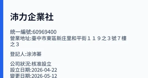 沛力企業社的照片-統編 60969400(臺中市) 公司登記資料與營業項目詳細圖表