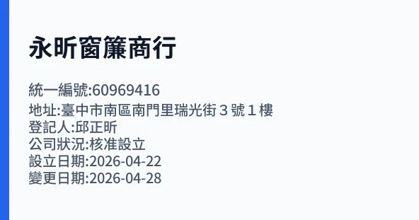 永昕窗簾商行的照片-統編 60969416(臺中市) 公司登記資料與營業項目詳細圖表