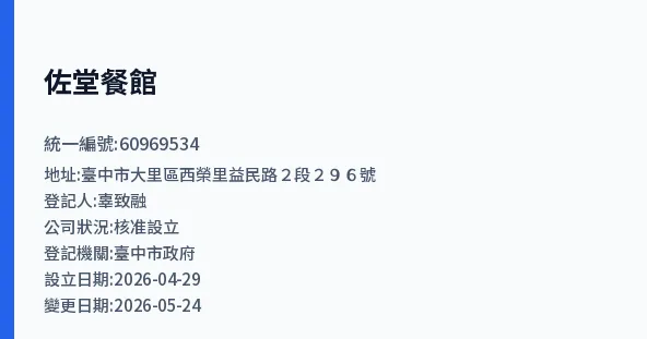 佐堂餐館的照片-統編 60969534(臺中市) 公司登記資料與營業項目詳細圖表