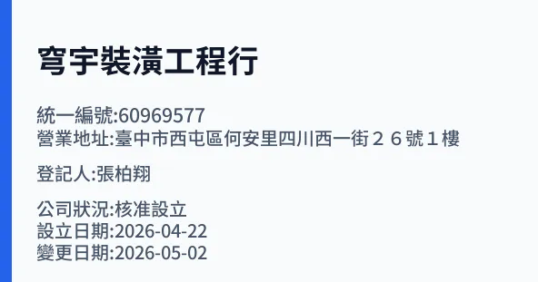 穹宇裝潢工程行的照片-統編 60969577(臺中市) 公司登記資料與營業項目詳細圖表