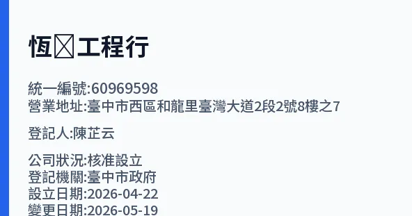 恆詽工程行的照片-統編 60969598(臺中市) 公司登記資料與營業項目詳細圖表
