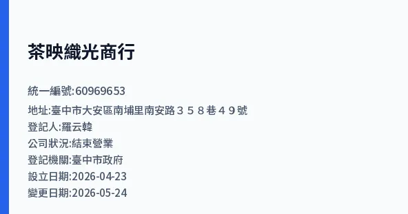 茶映織光商行的照片-統編 60969653(臺中市) 公司登記資料與營業項目詳細圖表
