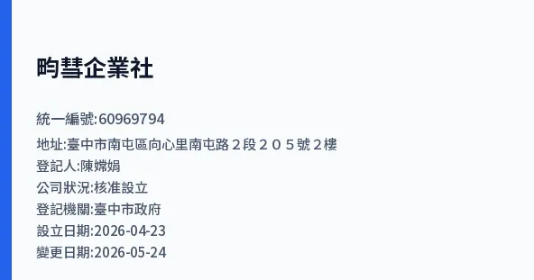畇彗企業社的照片-統編 60969794(臺中市) 公司登記資料與營業項目詳細圖表