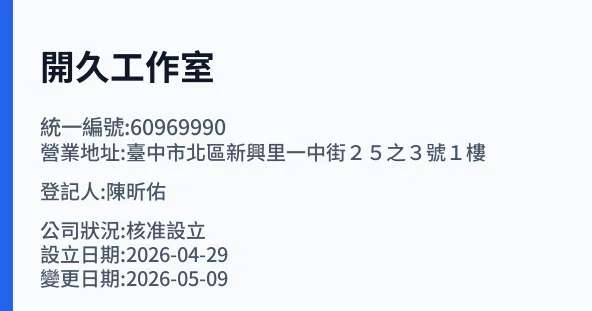 開久工作室的照片-統編 60969990(臺中市) 公司登記資料與營業項目詳細圖表