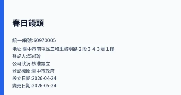 春日饅頭的照片-統編 60970005(臺中市) 公司登記資料與營業項目詳細圖表