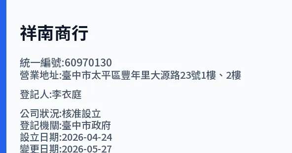 祥南商行的照片-統編 60970130(臺中市) 公司登記資料與營業項目詳細圖表