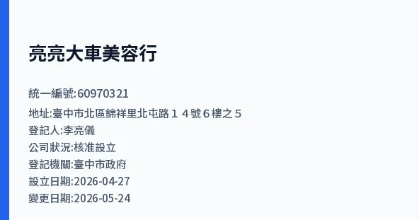 亮亮大車美容行的照片-統編 60970321(臺中市) 公司登記資料與營業項目詳細圖表