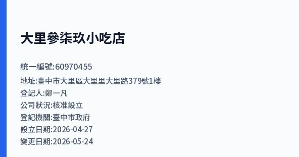 大里參柒玖小吃店的照片-統編 60970455(臺中市) 公司登記資料與營業項目詳細圖表