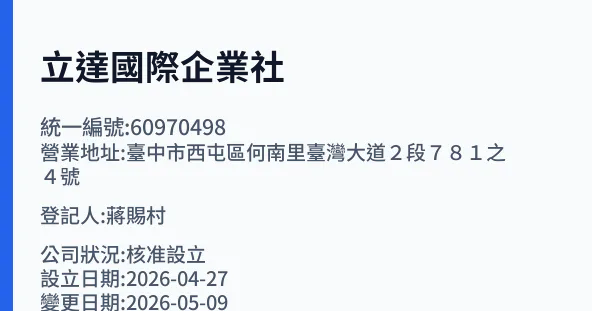 立達國際企業社的照片-統編 60970498(臺中市) 公司登記資料與營業項目詳細圖表