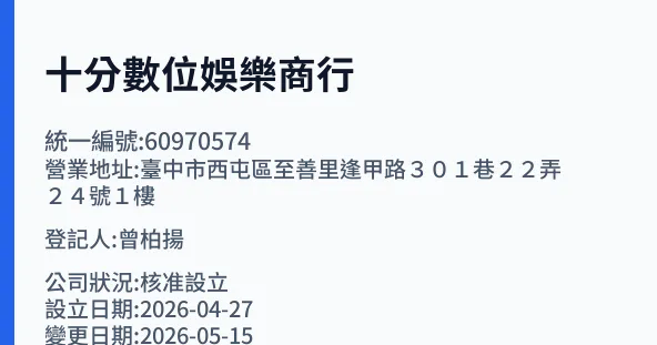 十分數位娛樂商行的照片-統編 60970574(臺中市) 公司登記資料與營業項目詳細圖表