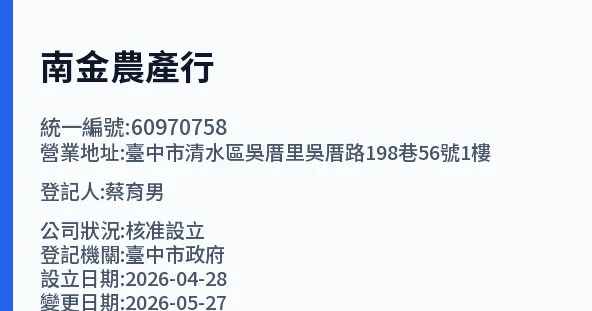 南金農產行的照片-統編 60970758(臺中市) 公司登記資料與營業項目詳細圖表